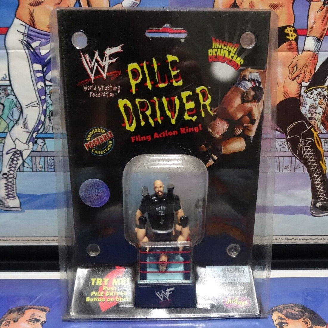 1999 WWF Just Toys Micro Bend-Ems Pile Driver Fling Action Ring Stone ...